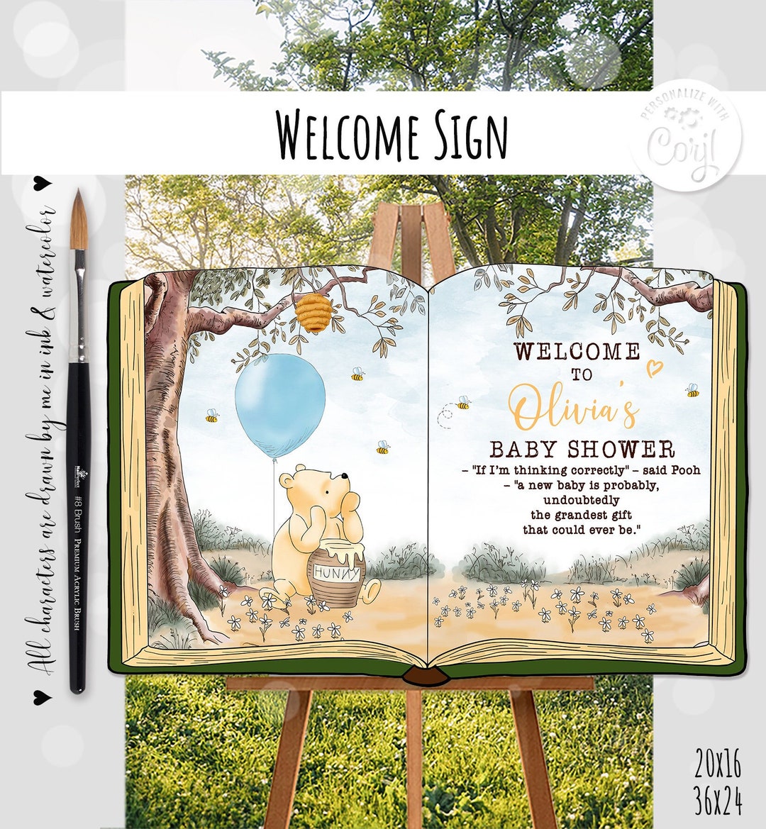 Editable Welcome Sign Open Book Baby Shower Birthday Boy Classic Winnie ...