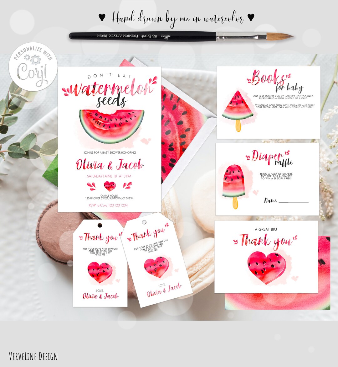 Editable Baby Shower Red Watermelon Design Bundle Set#1: Invitation ...