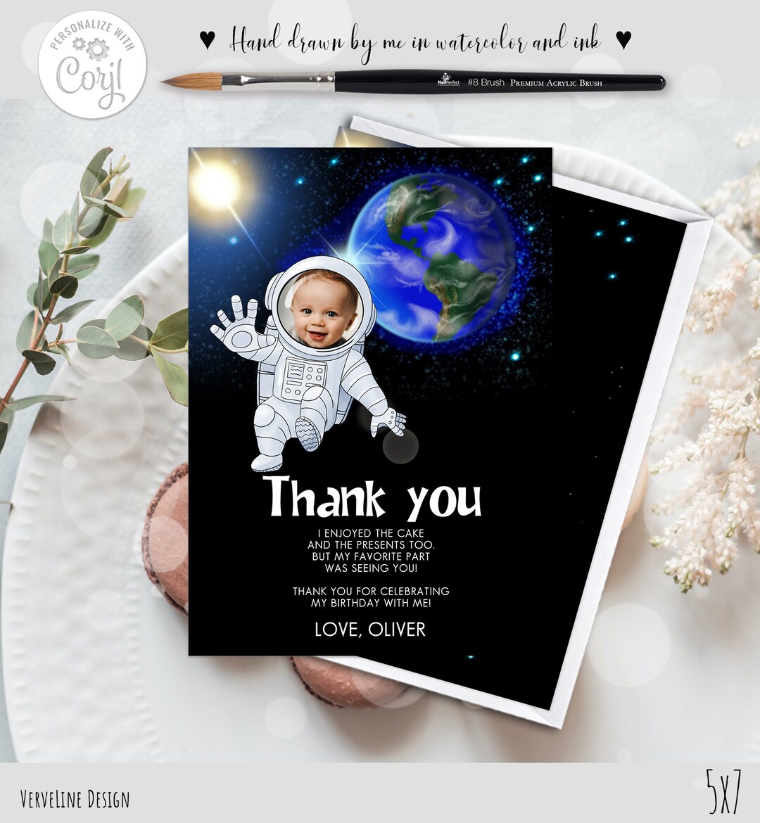 Editable Space Thank You Card With a Picture for a Themed 1st Birthday ...