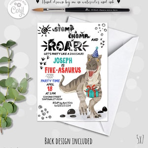 Editable Invitation Dinosaur 5th Birthday Dino T-rex Roar Fifth ...