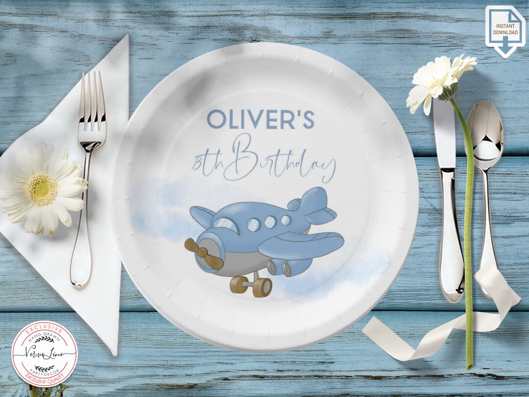 Editable Paper Plates Template Blue Airplane Birthday Boy ANY AGE Time ...
