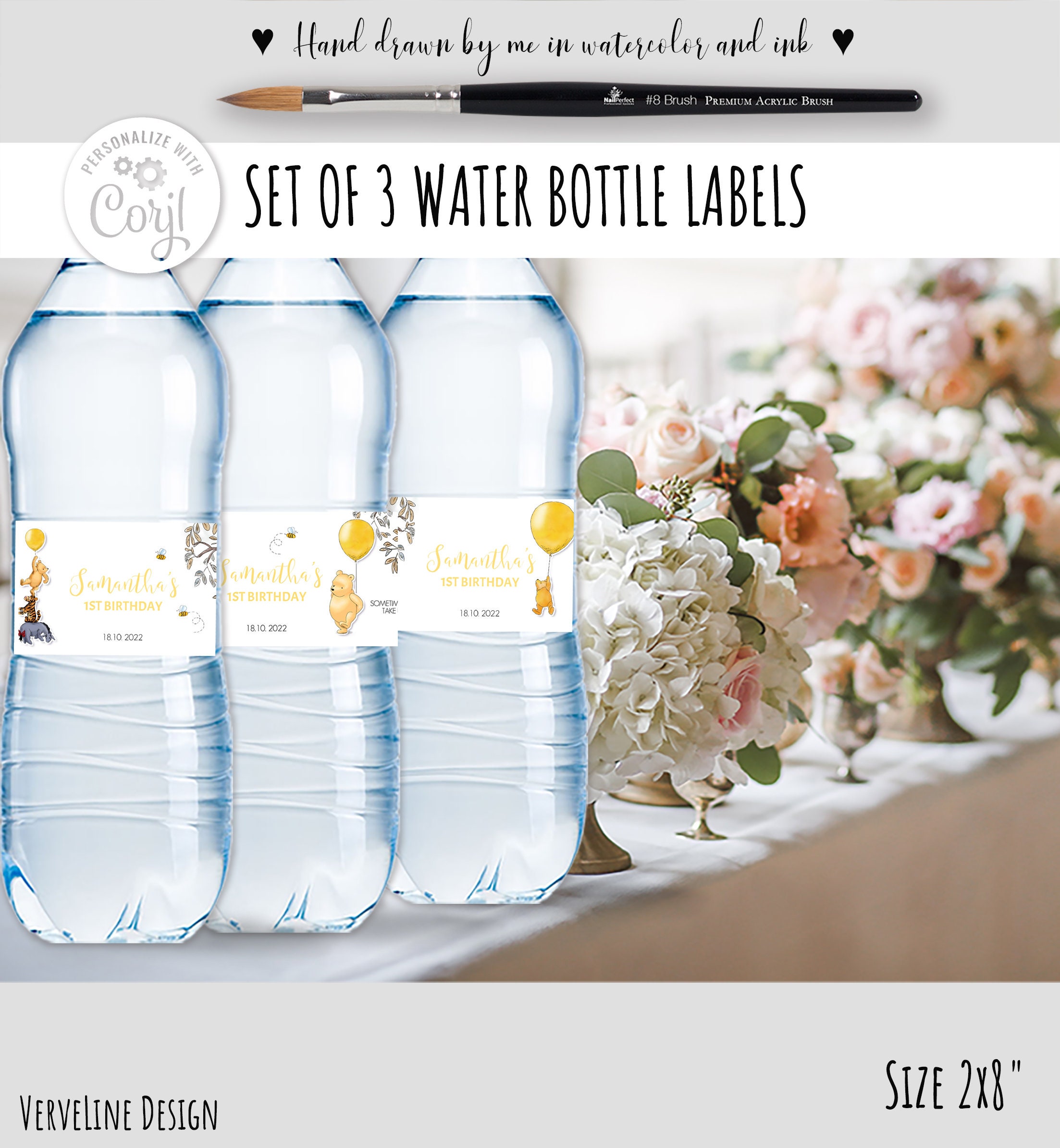 Set of 3 Editable Classic Winnie the Pooh Water Bottle Labels Baby ...