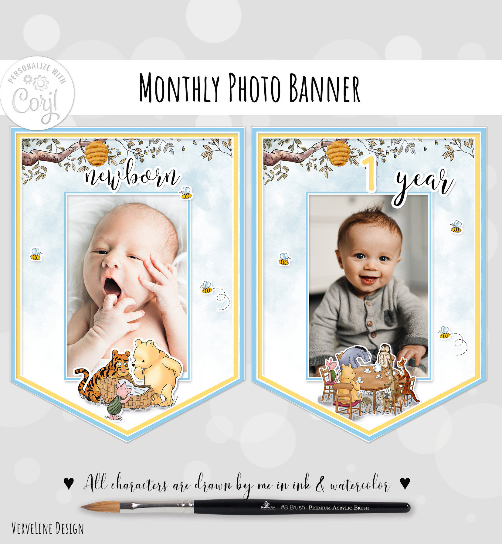 Editable First Birthday Boy Monthly Photo Banner Classic Winnie the ...