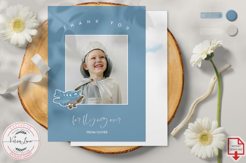 Editable Thank You Card Airplane Birthday Boy ANY AGE Watercolor Blue ...