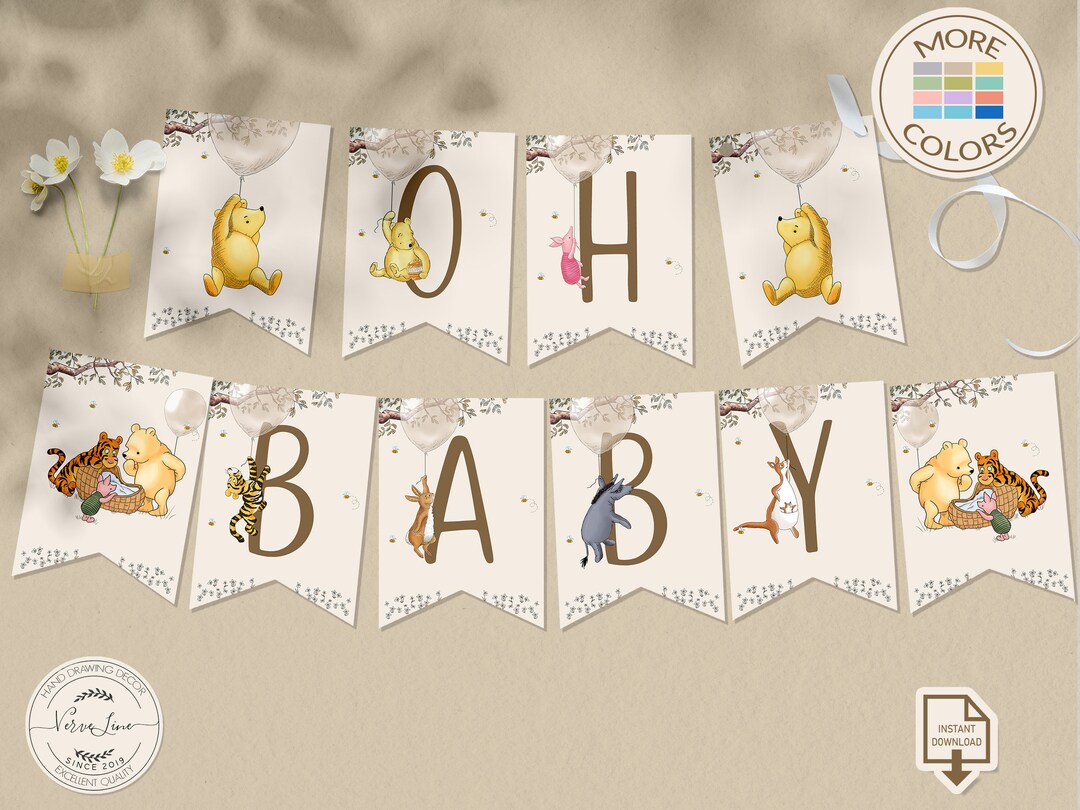 Banner "oh Baby" Vintage Winnie the Pooh Baby Shower Editable Boy Girl ...