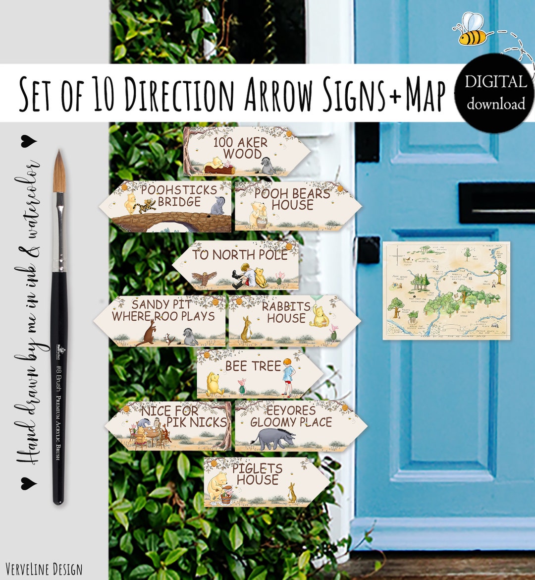 Set of 10 Direction Arrow Signs + Map Hundred Acre Wood | Classic ...