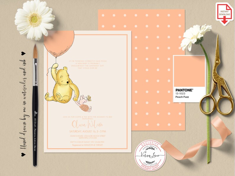 Editable Classic Winnie the Pooh Baby Shower Invitation Peach Fuzz ...