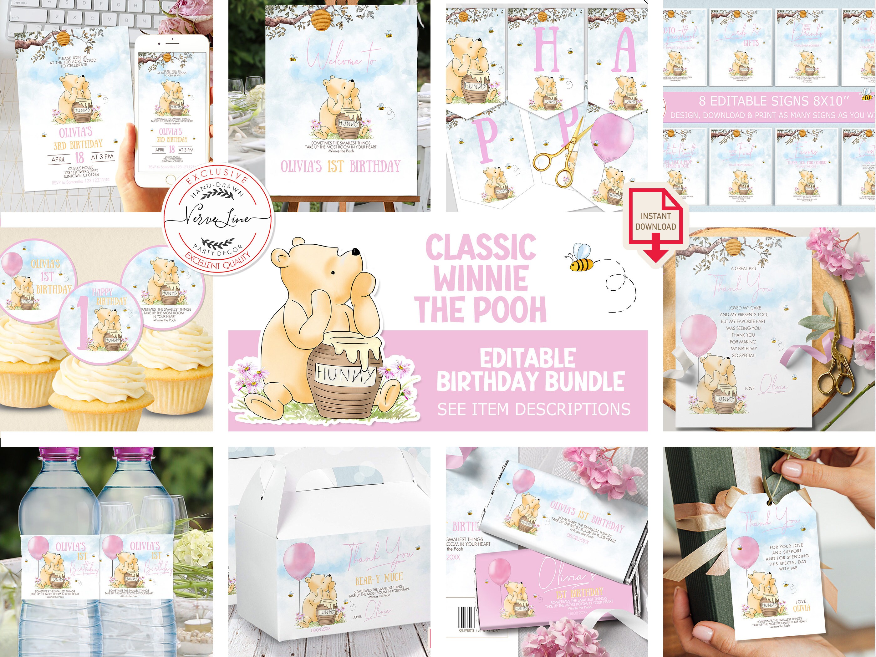 Editable Classic Winnie the Pooh 1st Birthday Girl Electronic ...