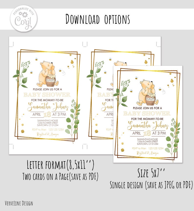 Editable Classic Winnie the Pooh Baby Shower Bundle Set#2: Invitation ...