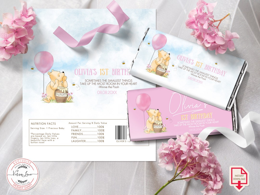 Chocolate Wrapper for a Classic Winnie Pooh Birthday Girl 1,55oz Candy ...