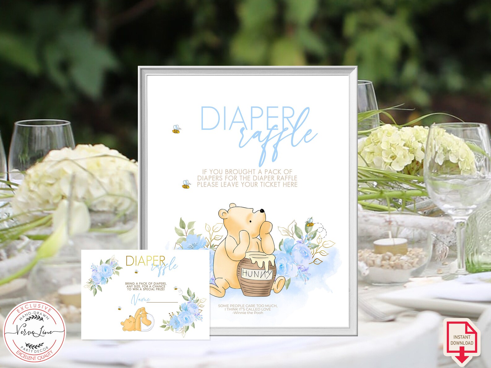 Diaper Raffle Table Sign in a Classic Winnie the Pooh Style Baby Shower ...