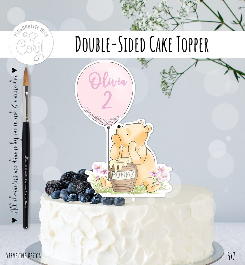 Editable Cake Topper Classic Winnie the Pooh With Pink Balloon Birthday ...