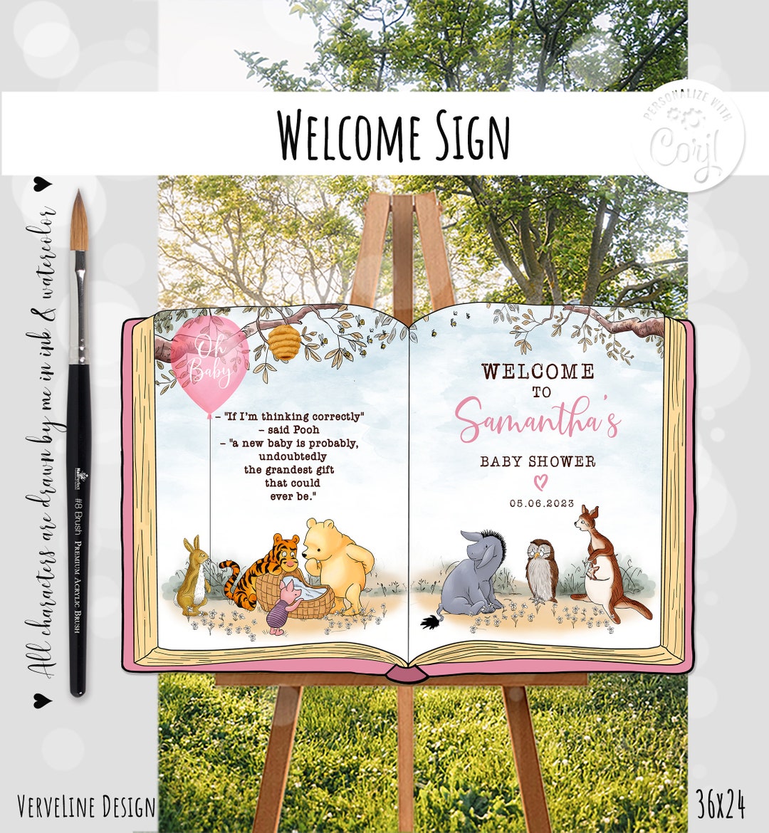 Editable Welcome Sign Classic Winnie the Pooh Open Book Baby Shower ...