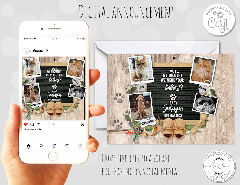 Editable Funny Digital Pregnancy Announcement for Social Media, Cats ...
