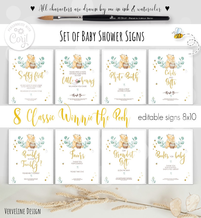 Classic Winnie the Pooh Baby Shower Set of 8 Editable Table - Etsy