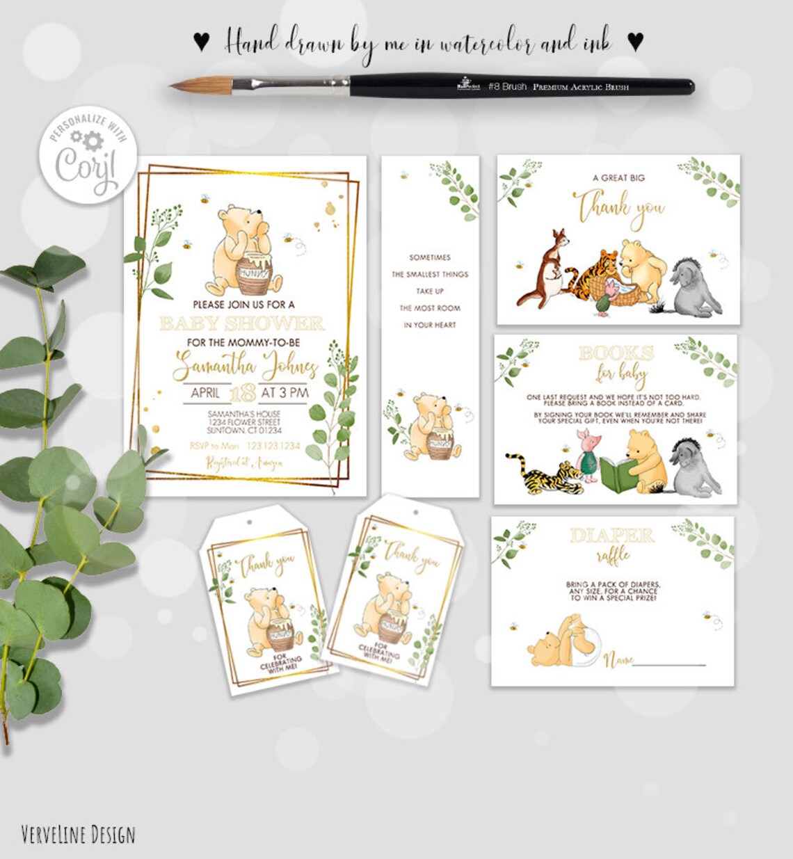 Editable Classic Winnie the Pooh Baby Shower Bundle Set#2: Invitation ...