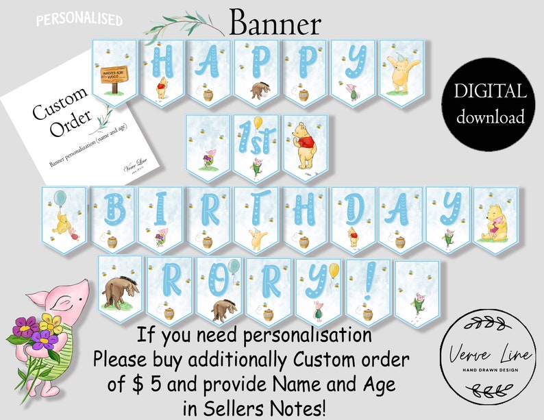 Birthday Watercolor Blue Banner Classic Party Favors Banner Kids ...