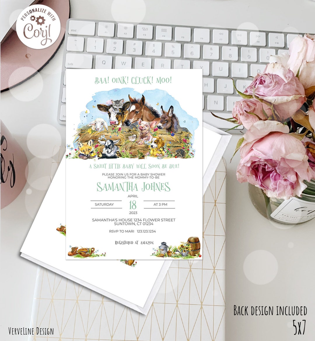 Editable Farm Baby Shower Sprinkle Boy Girl Invitation Farm Animals ...