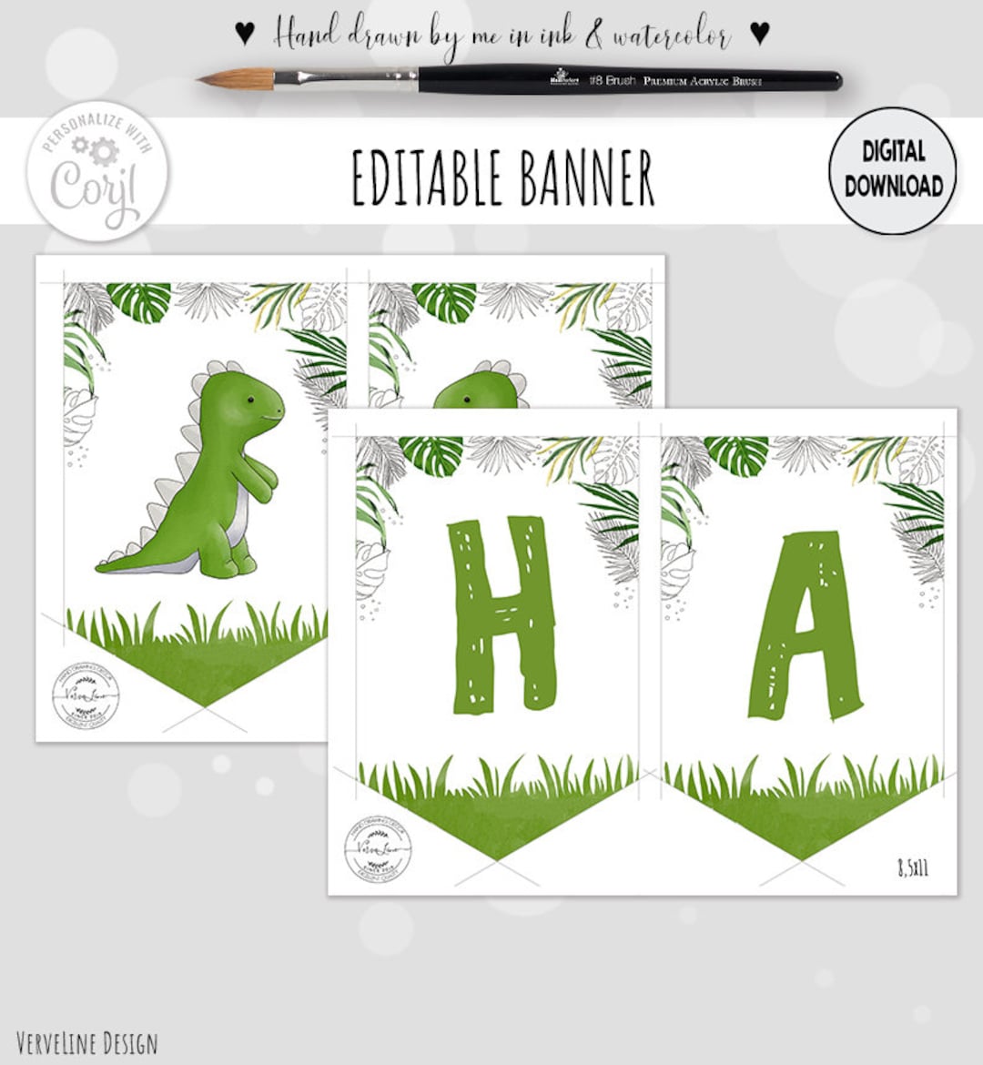 Editable Happy Birthday Banner Dinosaur Dino Roar Birthday Boy Green ...