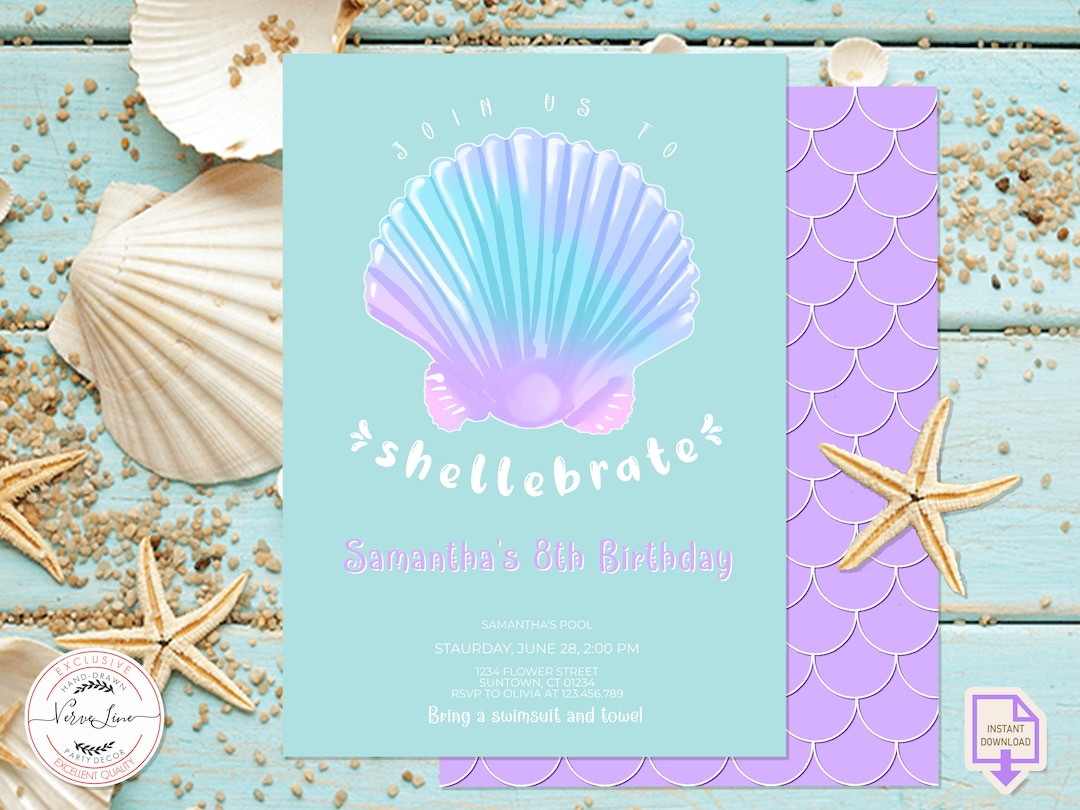 Editable Invitation Seashell Shellebrate Birthday Party Girl ANY AGE ...