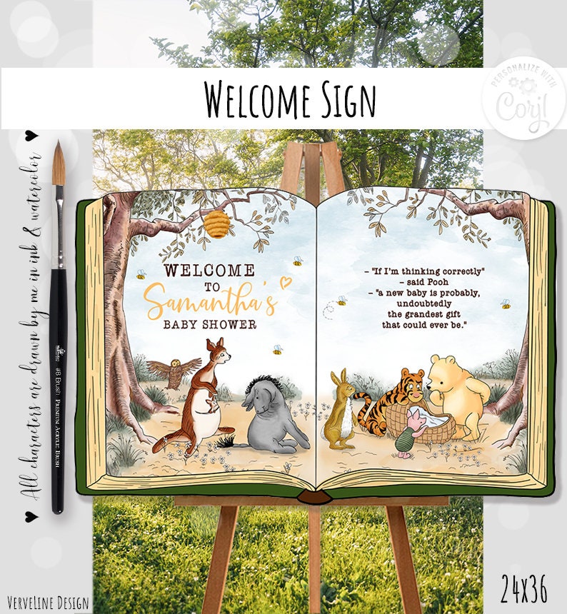 Editable Welcome Sign Classic Winnie the Pooh Open Book Baby - Etsy