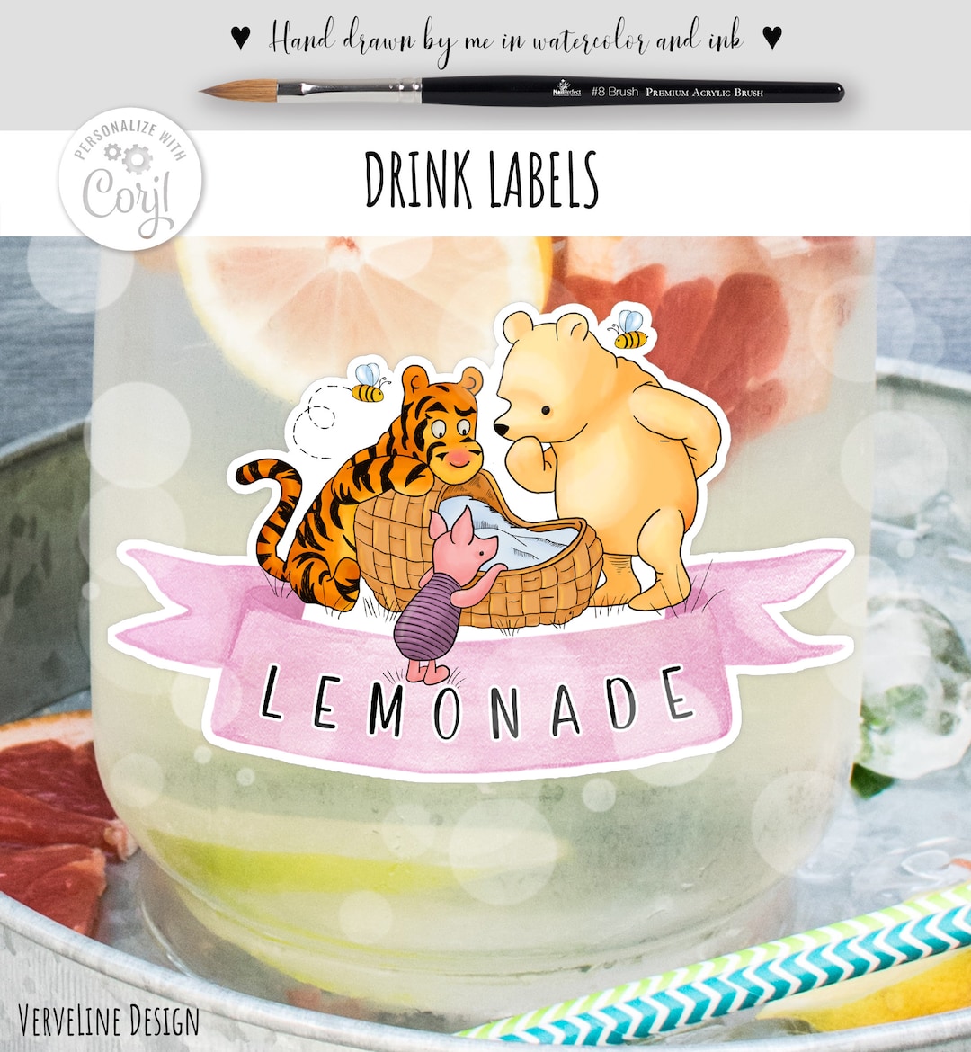 Editable Drink Labels for Winnie the Pooh Themed Birthday Girl or Baby ...