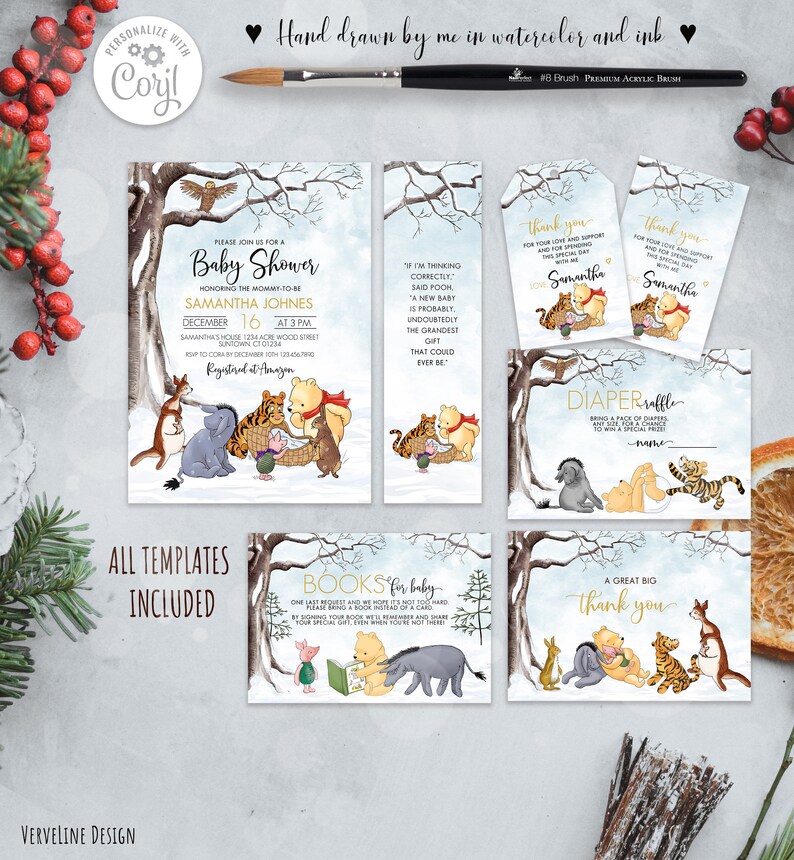 Editable Classic Winnie the Pooh Winter Baby Shower Bundle Set#18 ...