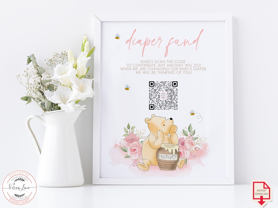 Diaper Fund QR Code Sign for a Classic Winnie the Pooh Baby Shower ...