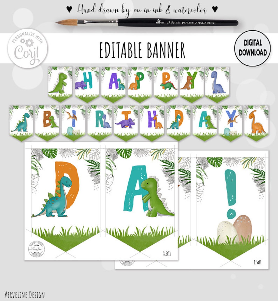 Editable Happy Birthday Banner Dinosaur Dino Roar Birthday Boy Girl ...