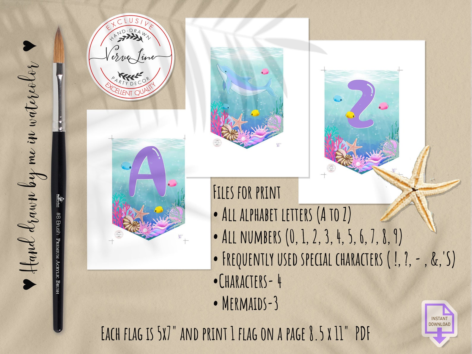 Mermaid Alphabet Banner Letters A to Z Numbers for a Themed Under the ...