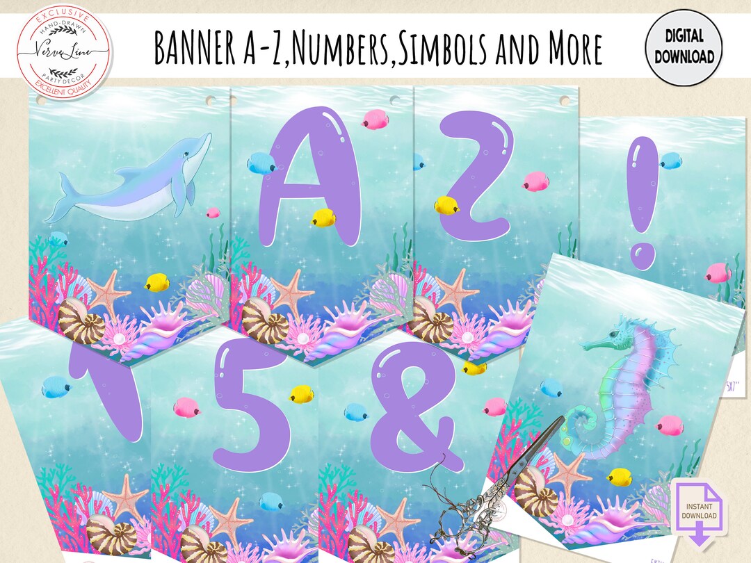 Mermaid Alphabet Banner Letters A to Z Numbers for a Themed Under the ...