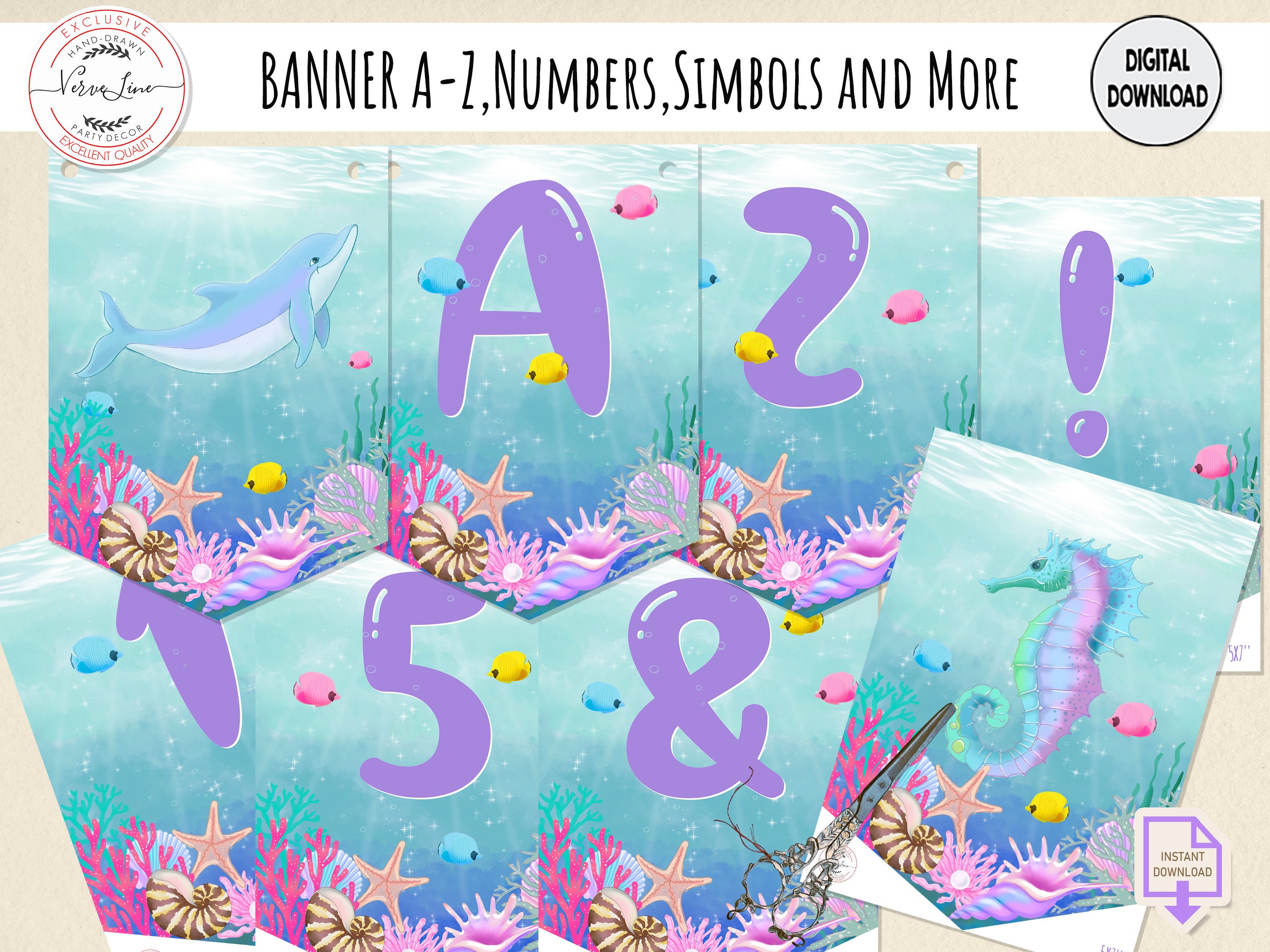 Mermaid Alphabet Banner Letters A to Z Numbers for a Themed Under the ...
