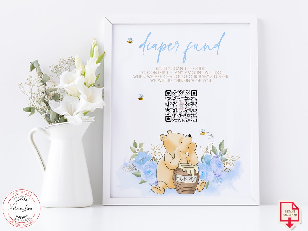 Diaper Fund QR Code Sign for a Classic Winnie the Pooh Baby Shower ...