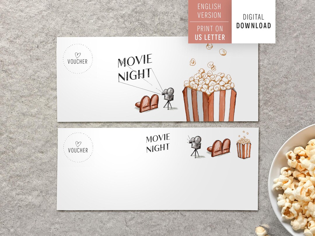 Movie Night Cinema Gift Voucher, Printable PDF US Letter, Digital ...