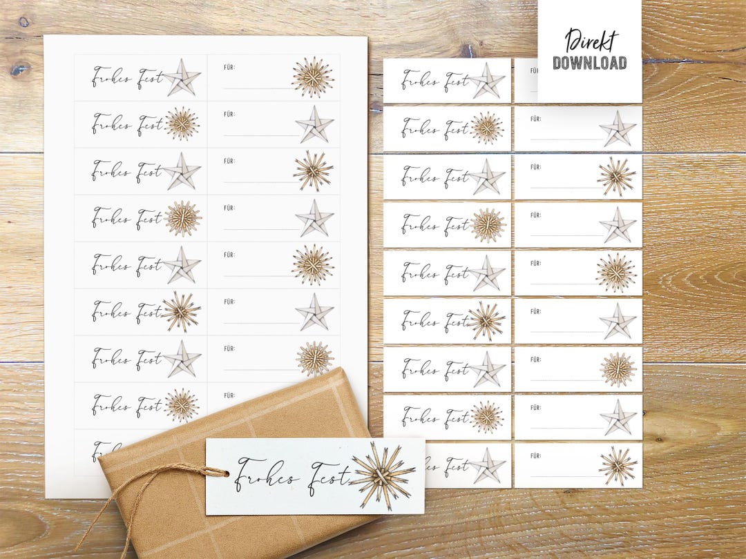 Print File Happy Holidays With Paper Star and Straw Stars, Long Labels ...