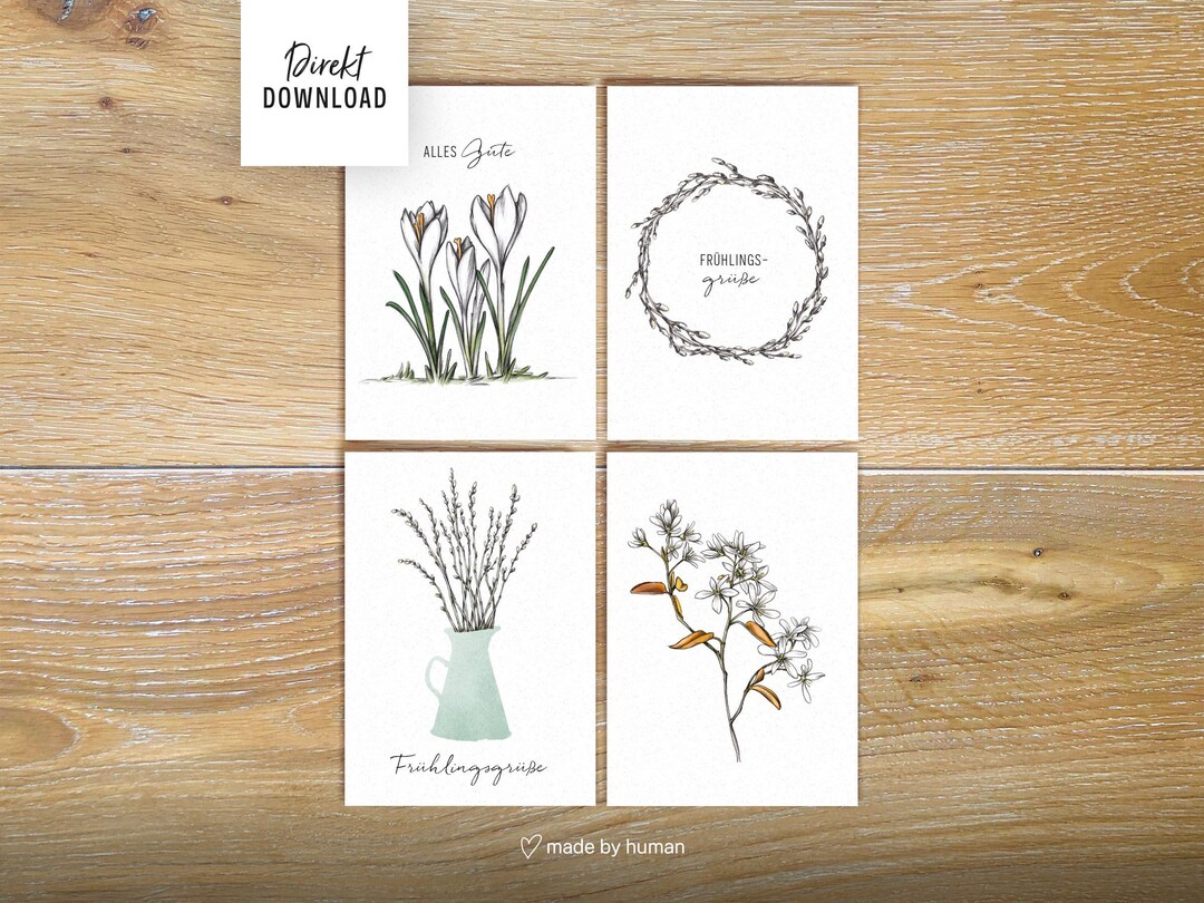 Print File: Four Spring-themed Cards in a Set, Postcards for Printing ...