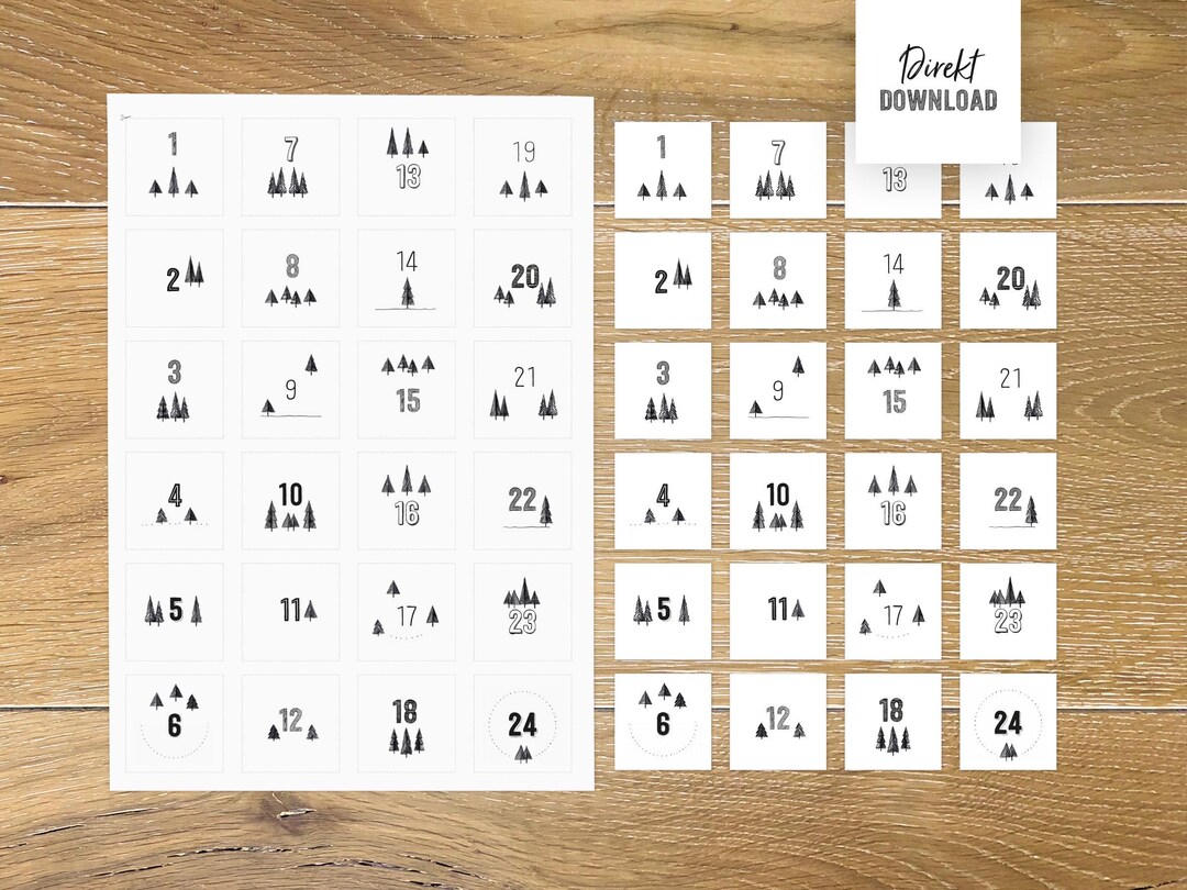 Square Advent Calendar Labels With Christmas Trees, Minimalist ...