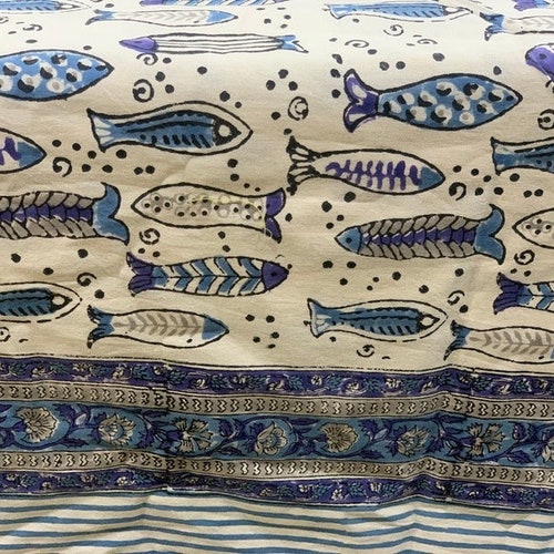Fish Block Print Tablecloth - Etsy