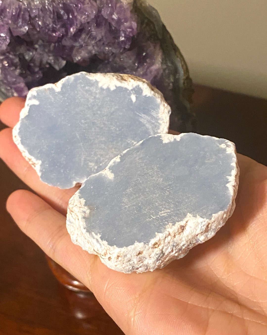 Natural Raw Big Blue Angelite Crystal Chunk Geode Halves Set Blue ...