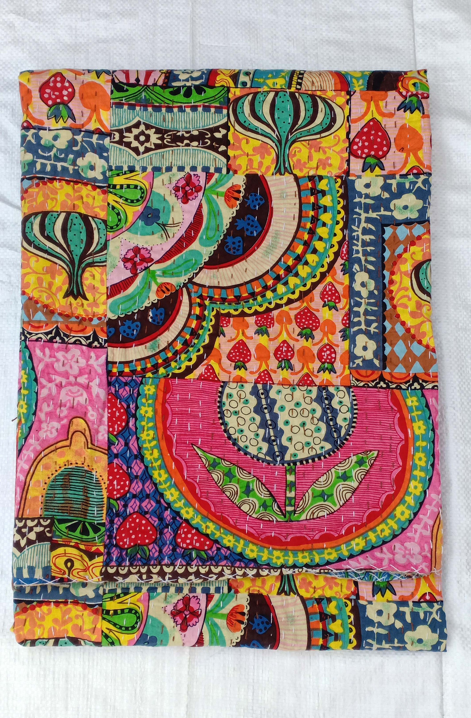 Kantha Quilt 100%cotton Queen Size Indian Quilt Hand Stitched | Etsy