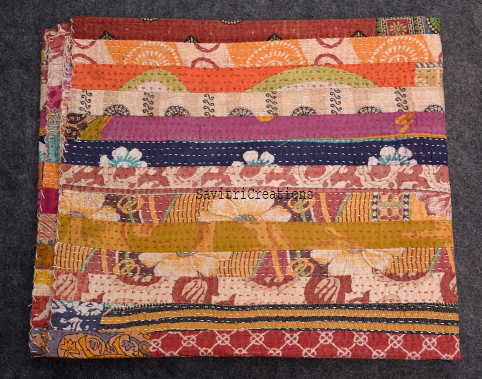 Indian Vintage Strip Patchwork Cotton Kantha Quilt Bedspreads - Etsy