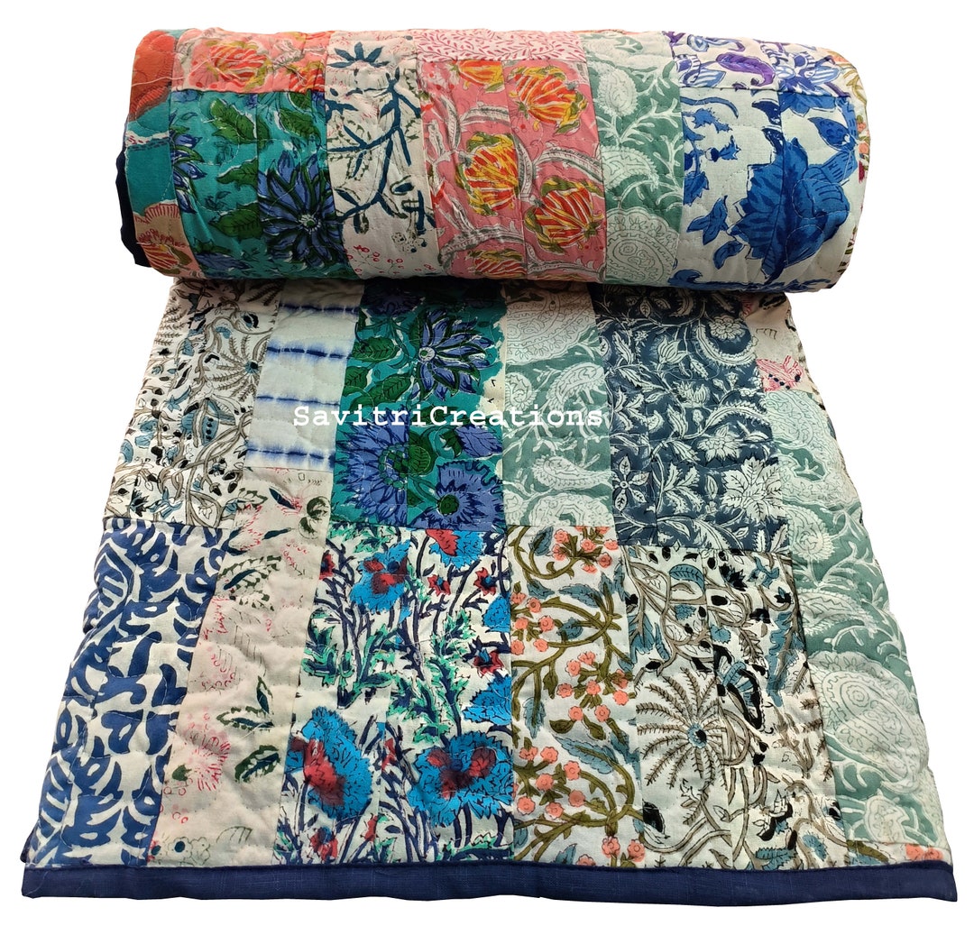 Handmade Indian Patchwork Quilt, Soft Cotton Filling Razai, King Quilt ...