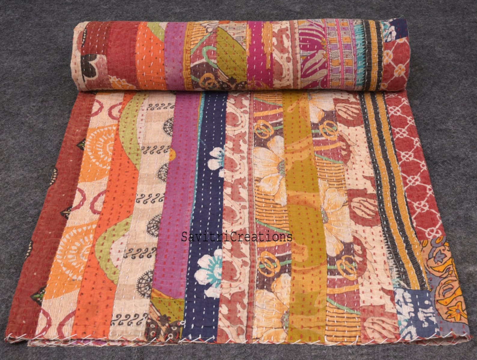 Indian Vintage Strip Patchwork Cotton Kantha Quilt Bedspreads - Etsy