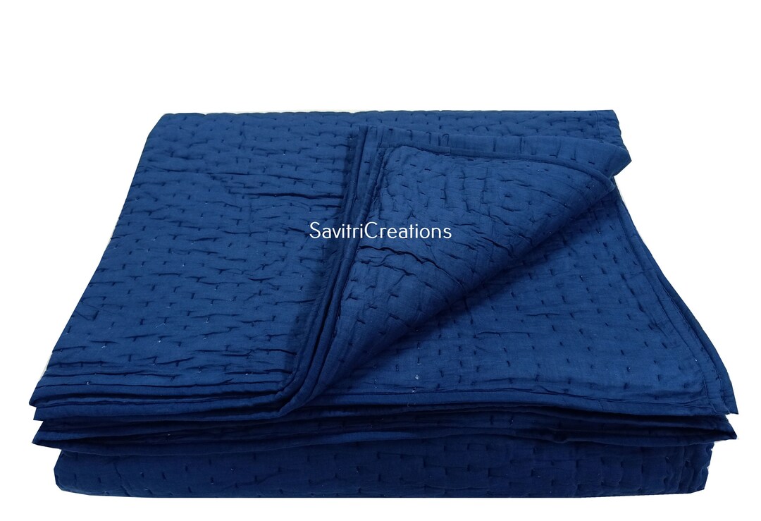 Reversible Indigo Blue Kantha Quilt, Lightweight Cotton Voile, King ...