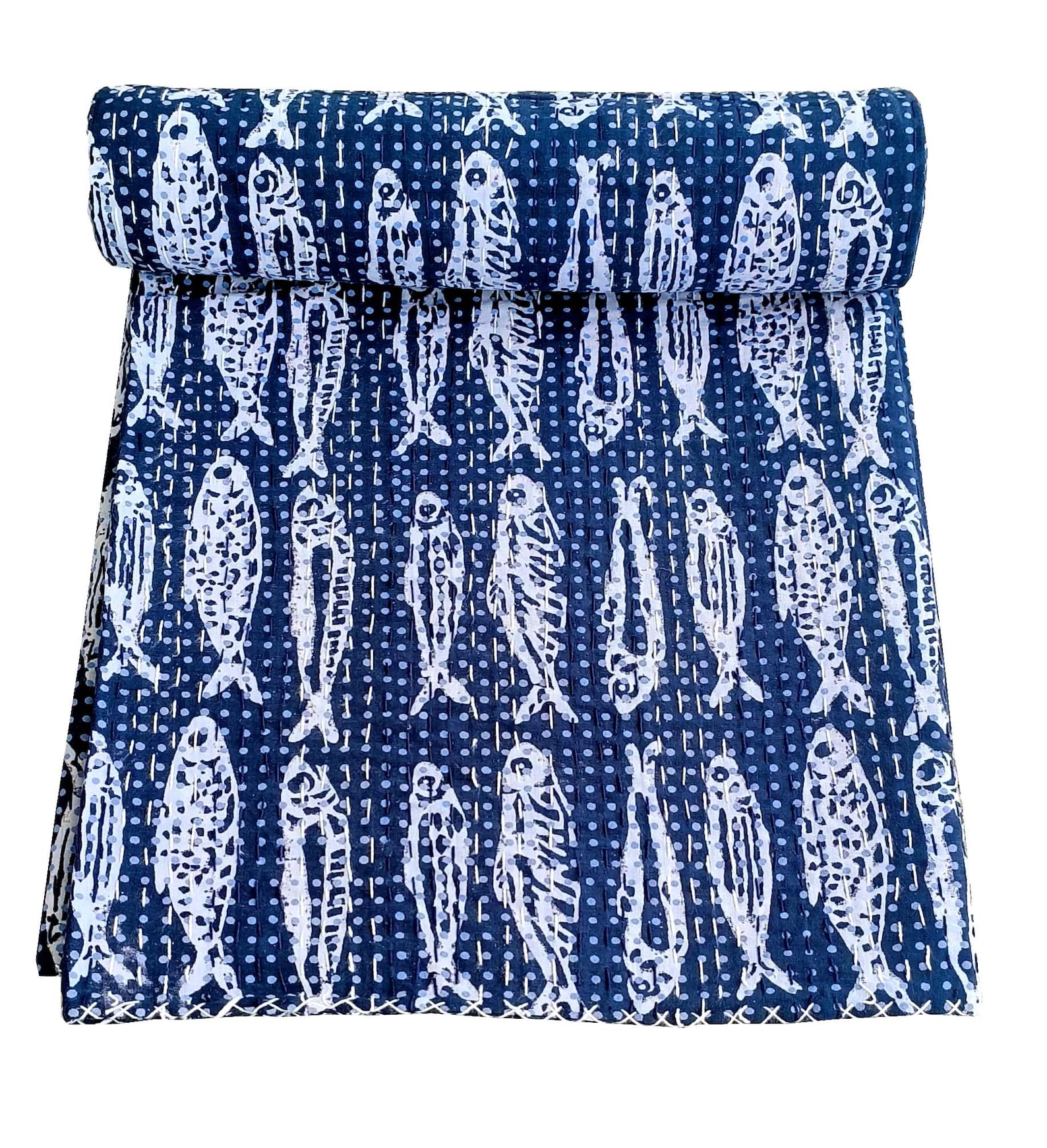 Indigo Fish Kantha Quilt: Bohemian Hand-stitched Cotton Blue Bedspread ...