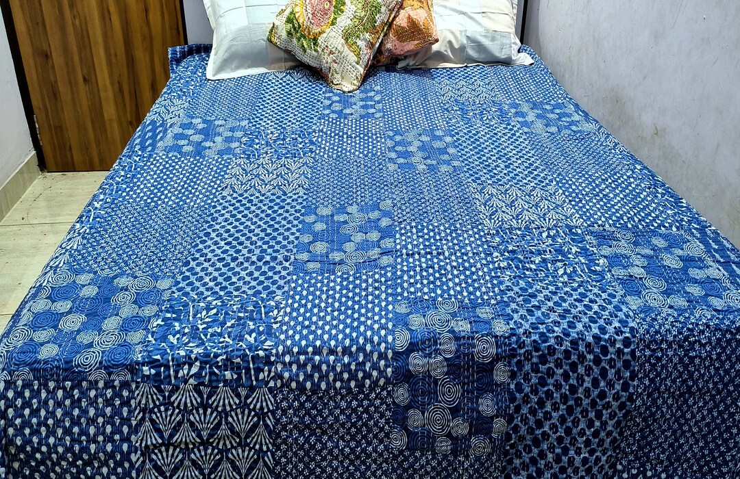 Indigo Blue Kantha Quilt Blue Indigo Queen Size Kantha Quilt Indian ...