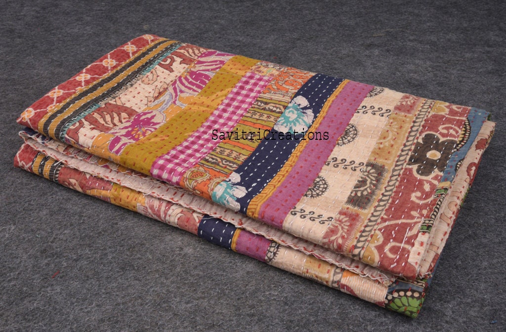 Indian Vintage Strip Patchwork Cotton Kantha Quilt Bedspreads - Etsy