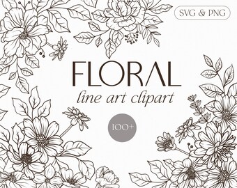 Botanical Floral Line Art Clipart, Flower Line Art SVG, Black Line Art ...