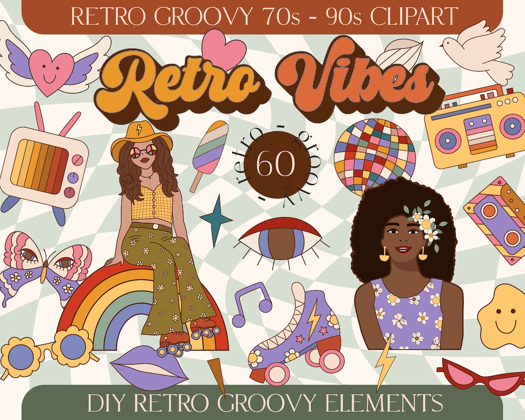 Groovy Retro Vibes Digital Clipart, 70s 80s 90s Nostalgia Clipart ...