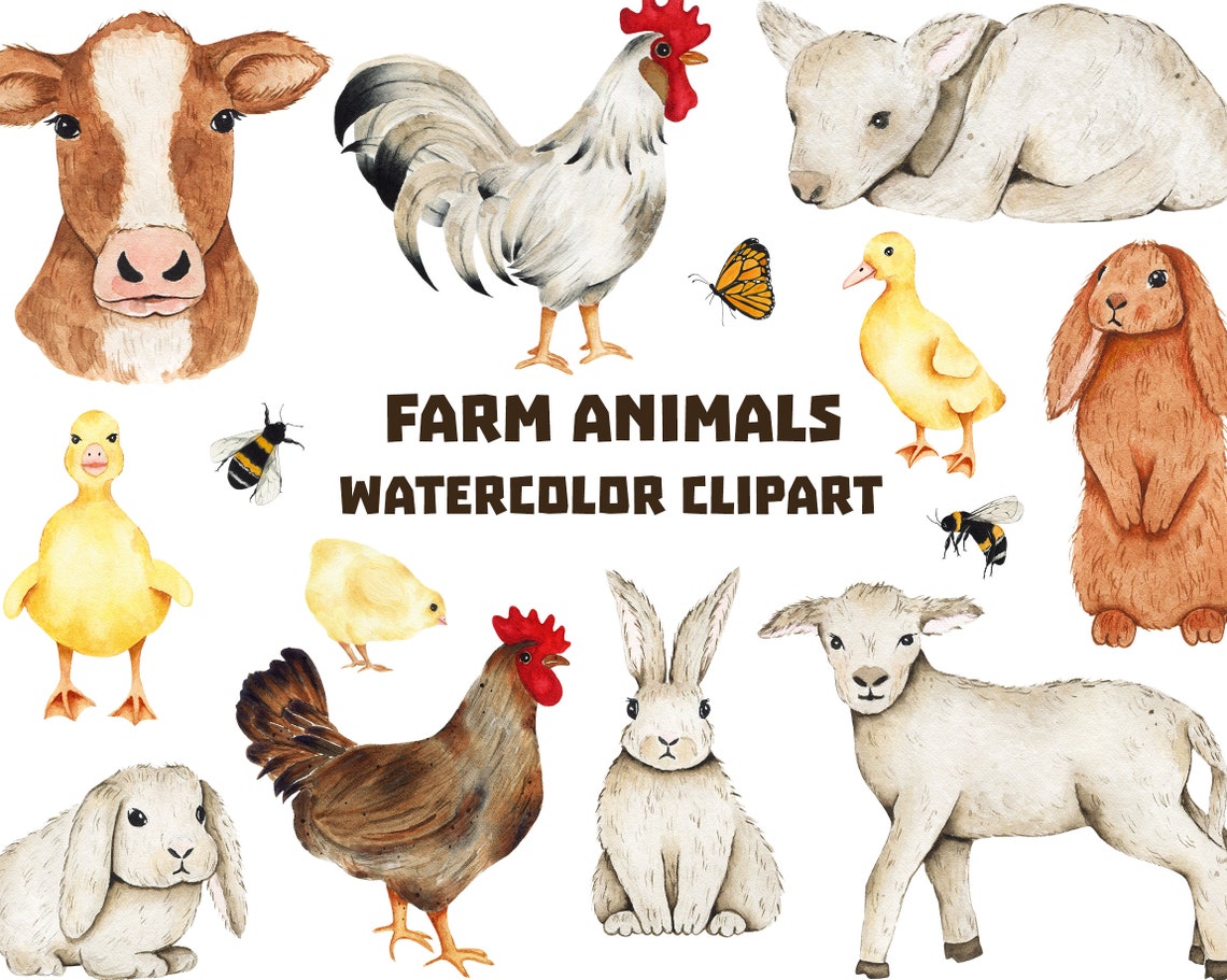 Farm Animals Watercolor Clipart Watercolor Easter Bunny - Etsy